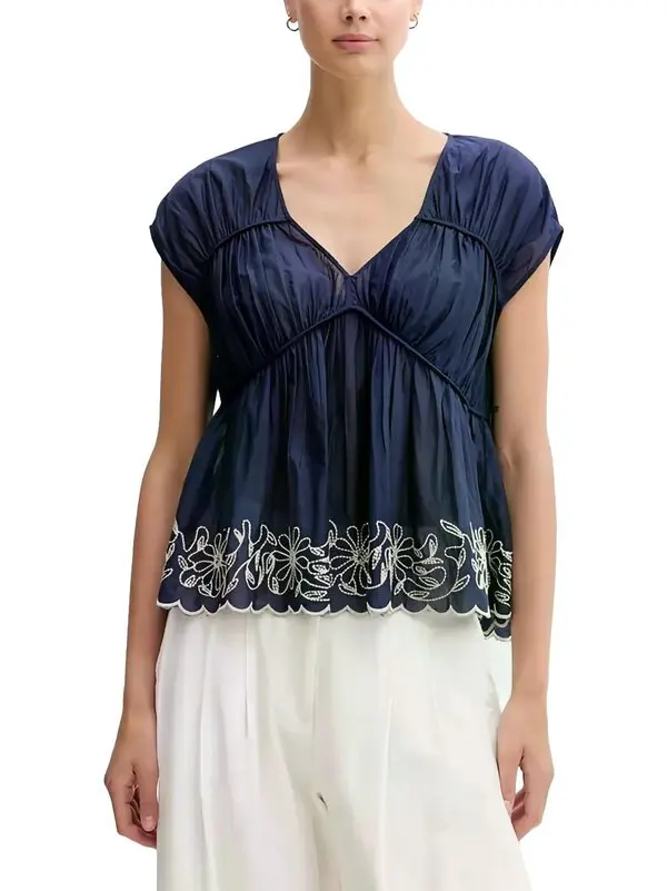 BENETTON Embroidered V-neck Top - Blue