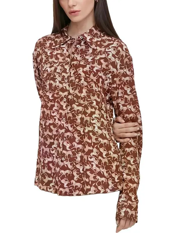 BENETTON Animal Print Collared Top - Brown