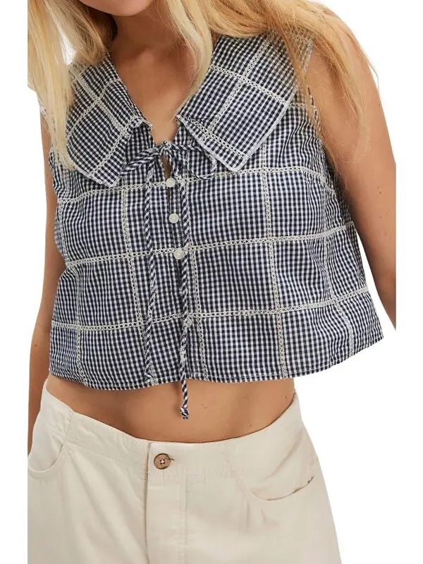 Free People Waiting For Me Crop Cotton Button-up Top - Navy Combo