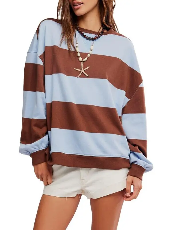 Free People Oversized Stripe Sweatshirt - Periwinkle Combo