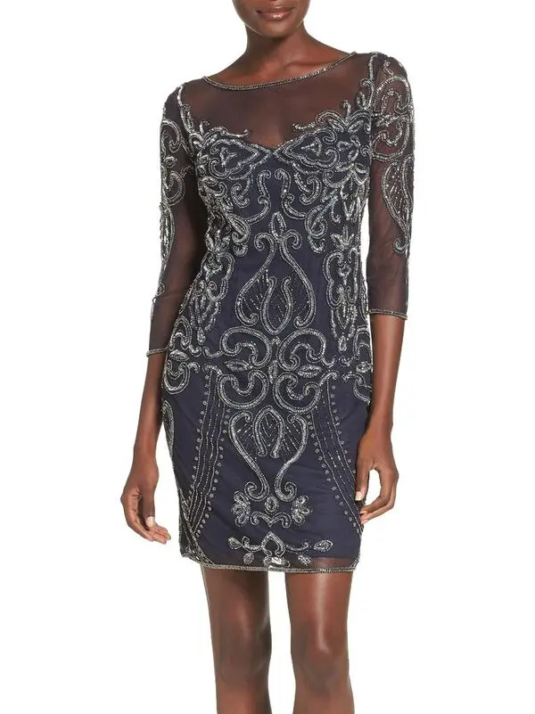 Pisarro Nights Beaded Mesh Sheath Dress - Navy