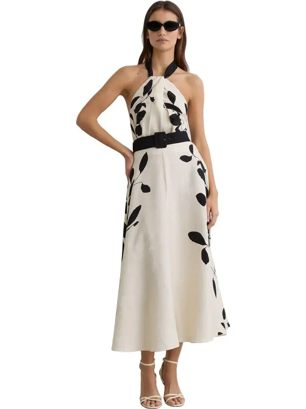 REISS Libby Jacquard Printed Halterneck Midi Dress - Ivory/black