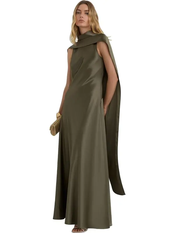 REISS Fae Petite Satin Cape Maxi Dress - Khaki Green