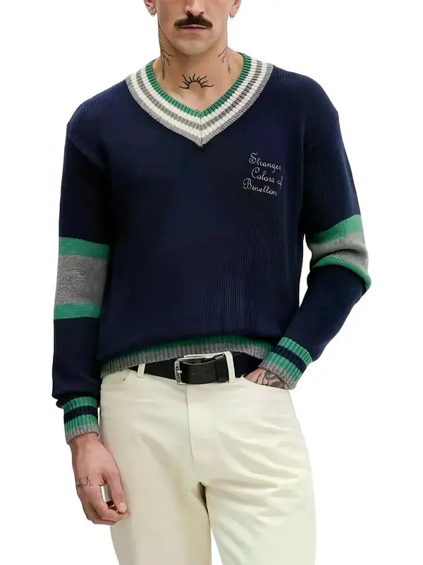BENETTON V-neck Striped Fine Knit Pullover - Blue