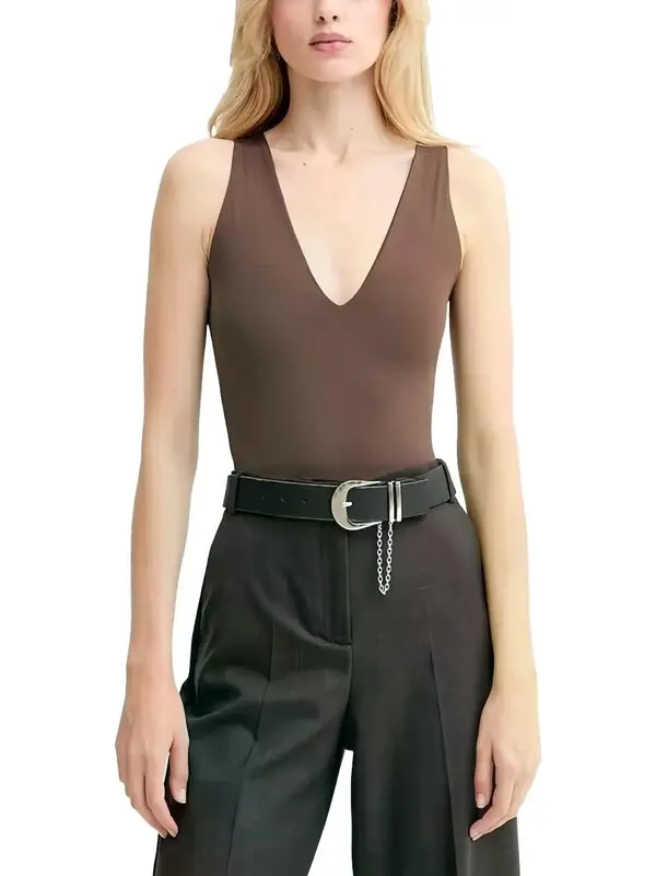 Bardot V-neck Sleeveless Bodysuit - Brown
