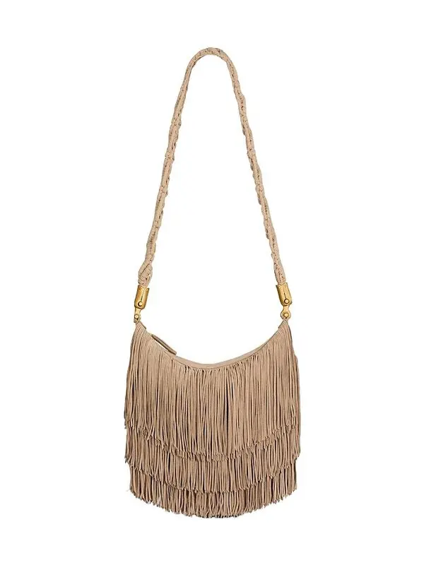 Balmain Ebene Hobo Fringed Suede Bag - Beige