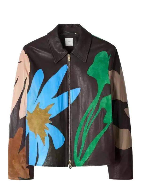 Paul Smith Floral-appliqué Leather Jacket - Brown