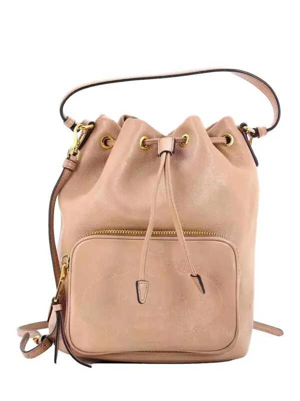 Prada Logo Drawstring Glace Calf Small Bucket Bag - Neutrals