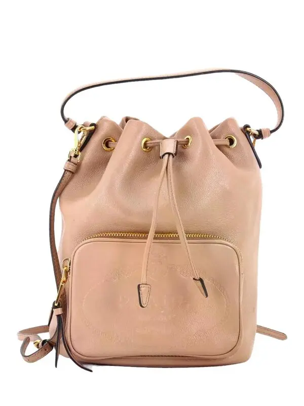 Prada Logo Drawstring Glace Calf Small Bucket Bag - Neutrals