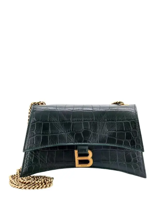 Balenciaga Hourglass Chain Wallet Crocodile Embossed Leather Clutch - Green