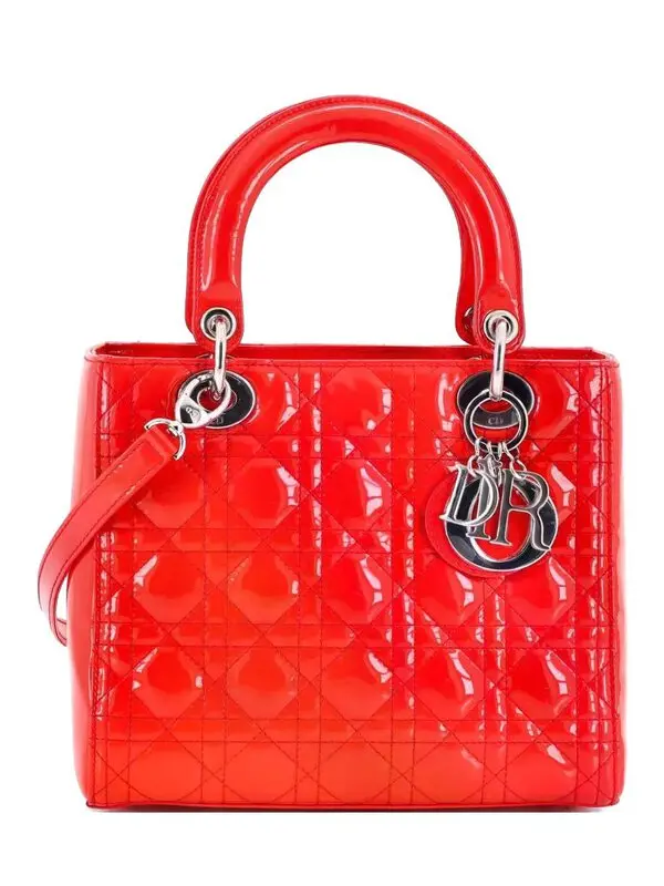 Dior Lady Nm Medium Satchel Cannage Quilt Patent - Red