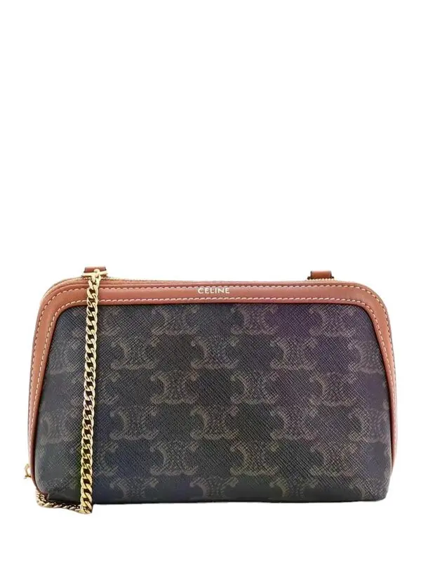 Celine Zip Around Chain Clutch Triomphe Coated Canvas Crossbody Bag - Brown