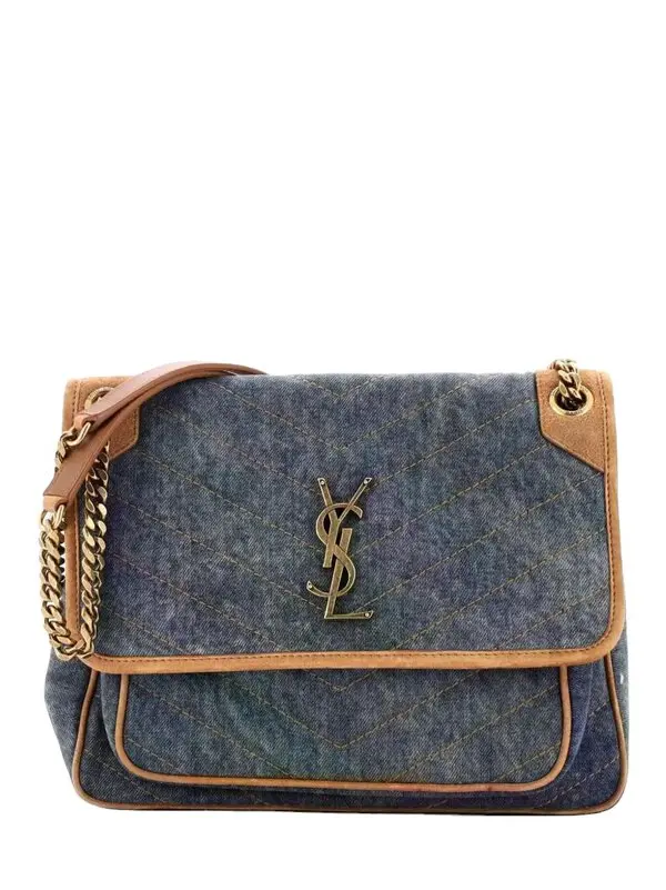 Saint Laurent Niki Chain Flap Bag Matelassé Chevron Denim With Suede - Blue