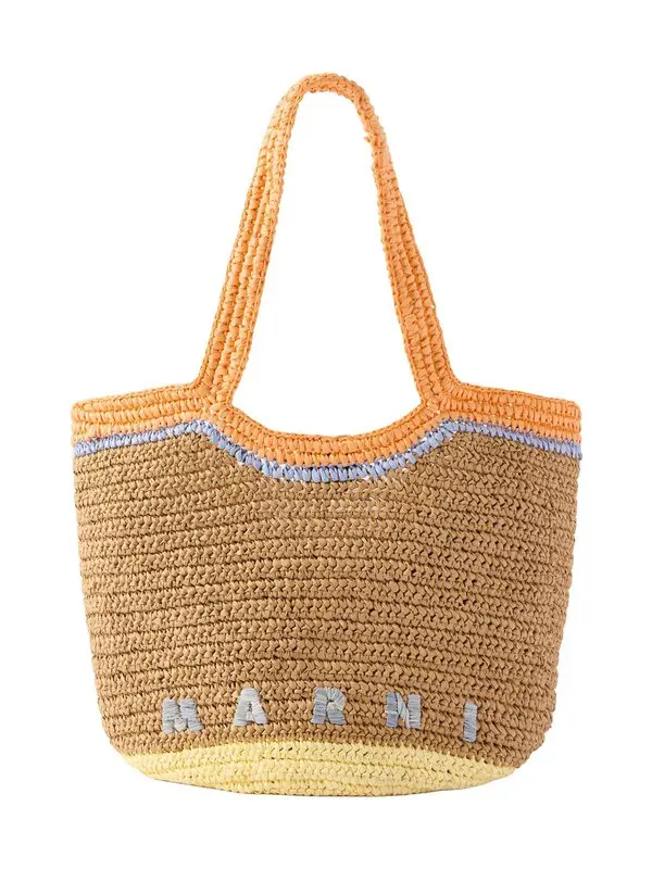 Marni Hobo Small Leather-trimmed Raffia-effect Jacquard Tote Bag - Brown