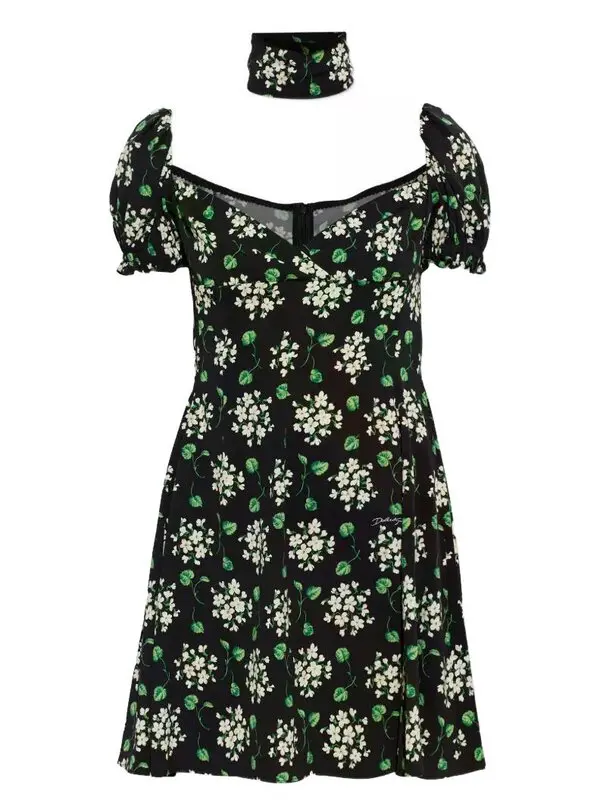 Dolce & Gabbana Floral Print Mini Dress With Scarf - Black