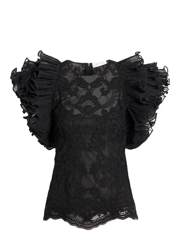 Zimmermann Ruffled Corded Lace Top - Black