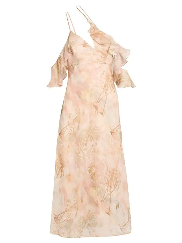 Zimmermann Ruffled Printed Linen And Silk-blend Midi Dress - Peach