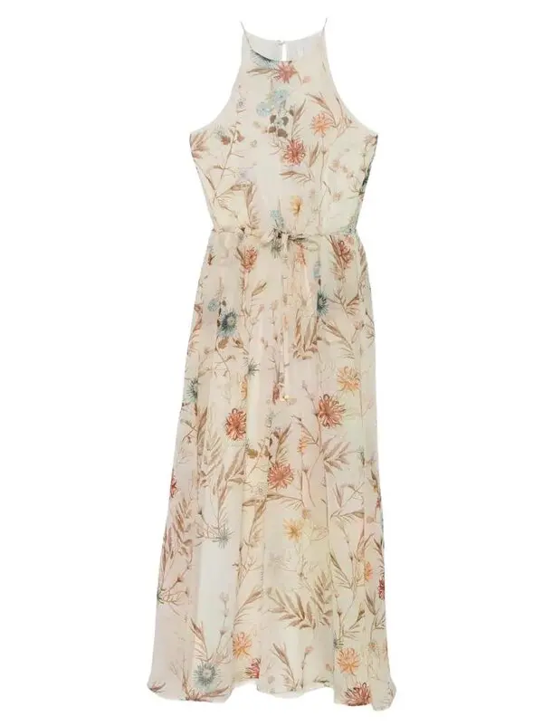 Eleventy Floral-print Tie-waist Maxi Dress - Neutrals