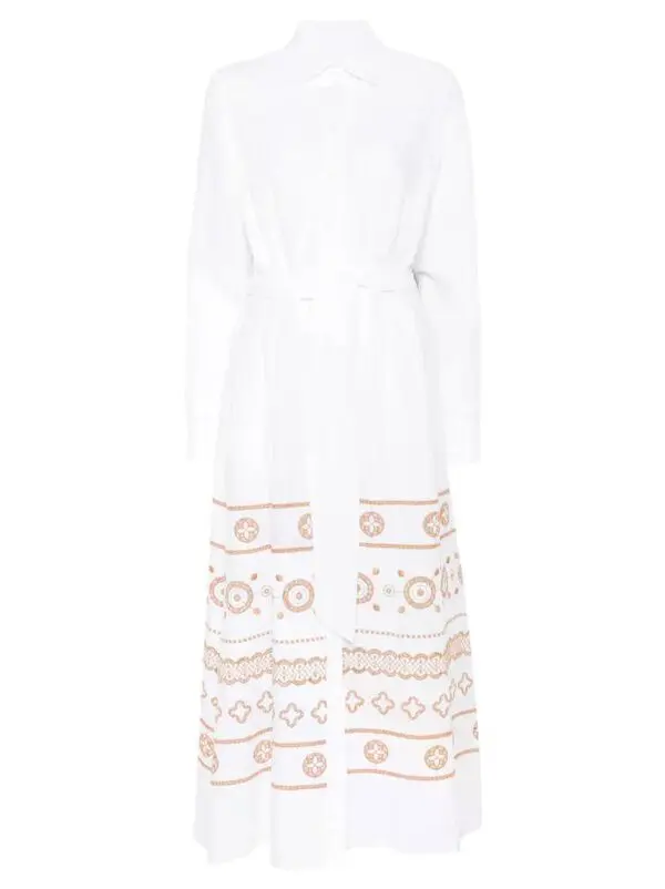 Eleventy Embroidered Belted Midi Shirt Dress - White