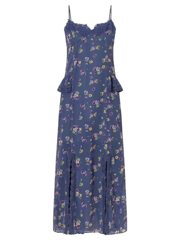 Anna Sui Floral-print Lace-trimmed Chiffon Midi Dress - Blue