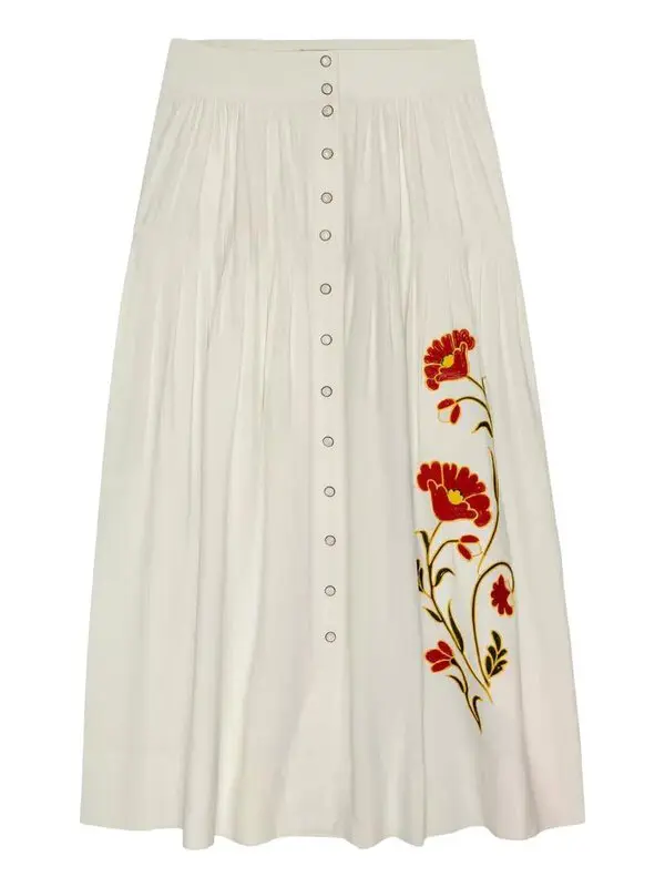 The Great. Floral Embroidery Button Skirt - Neutrals