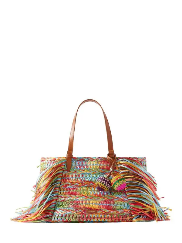 AQUAZZURA Trancoso Fringed Leather-trimmed Raffia Tote - Multi