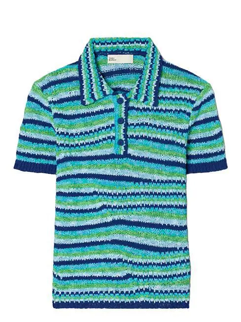 Tory Burch Striped Cotton Polo - Ocean/light  Blue/green