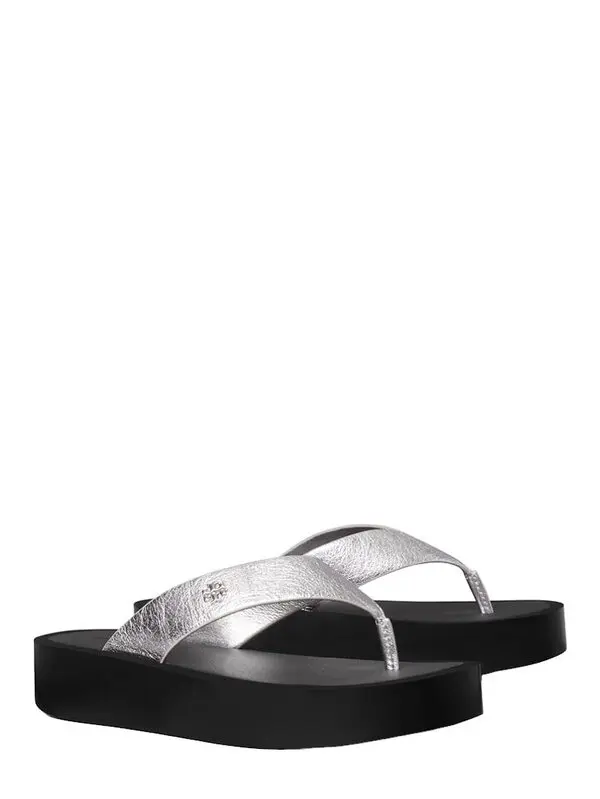 Tory Burch Leather Platform Flip Flop - Silver/perfect Black/silver