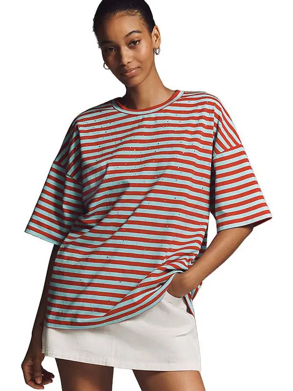 Essentiel Antwerp Striped Rhinestone T-shirt Top - Red Stripe