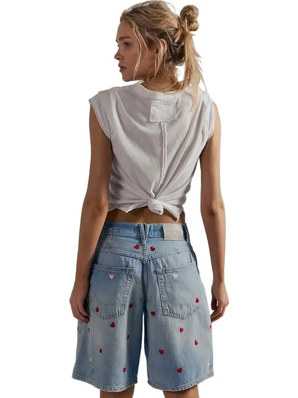 Free People We The Free Montana Heart Embroidered Denim Shorts - Cowgirl Blues Heather