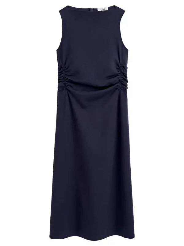Cos Ruched-waist Cotton-blend Jersey Midi Dress - Navy
