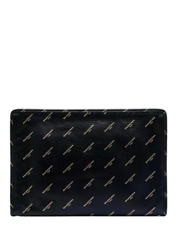 Balenciaga 2017 Lambskin Allover Logo Zip Pouch - Black