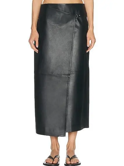 ST. AGNI Leather Wrap Midi Skirt - Black