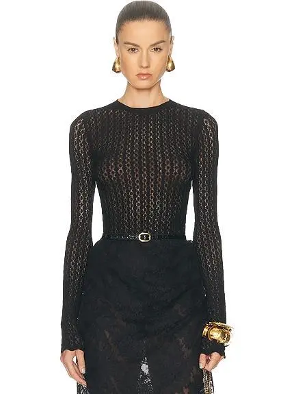 Saint Laurent Pointelle Knit Long Sleeve Top - Noir