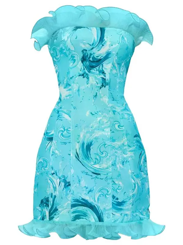 Versace Patterned Off-shoulder Mini Dress - Blue