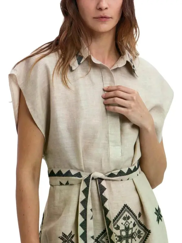 Greek Archaic Kori Geometric Print Belted Shirt Dress - Neutrals