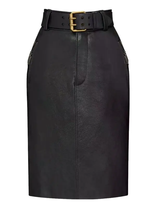 Saint Laurent Belted Leather Pencil Midi Skirt - Black