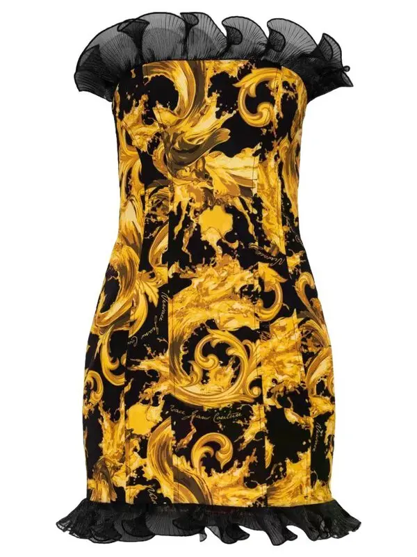 Versace Off-shoulder Baroque-print Mini Dress With Ruffled Details - Gold