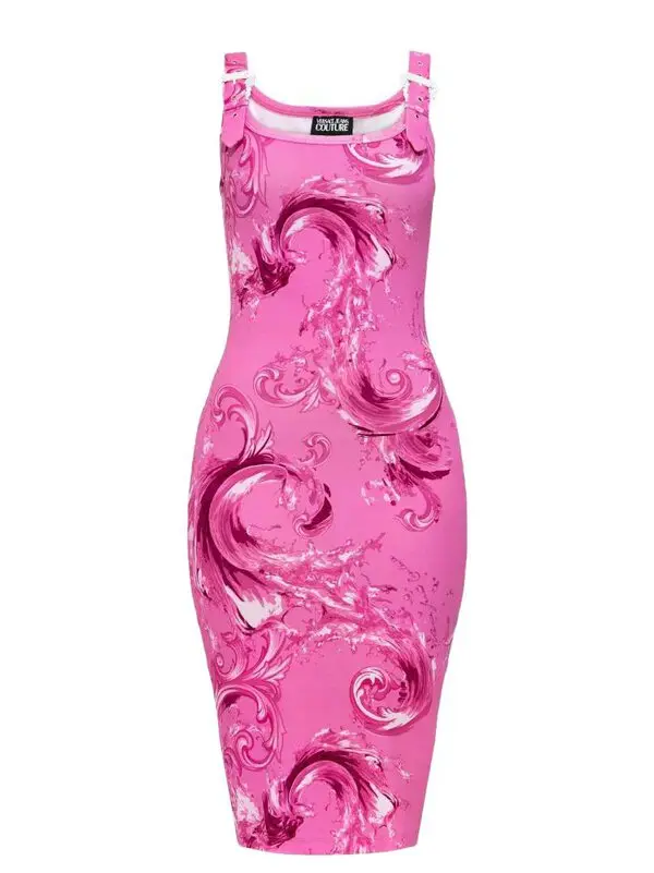 Versace Chromo Couture-print Buckle-straps Midi Cotton Dress - Pink