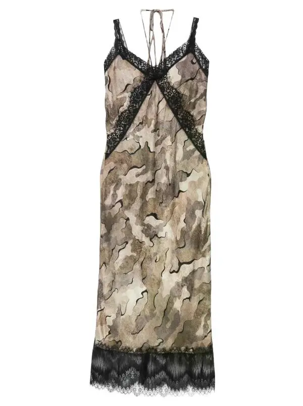 Pinko Camouflage-print Lace-trim Midi Dress - Green