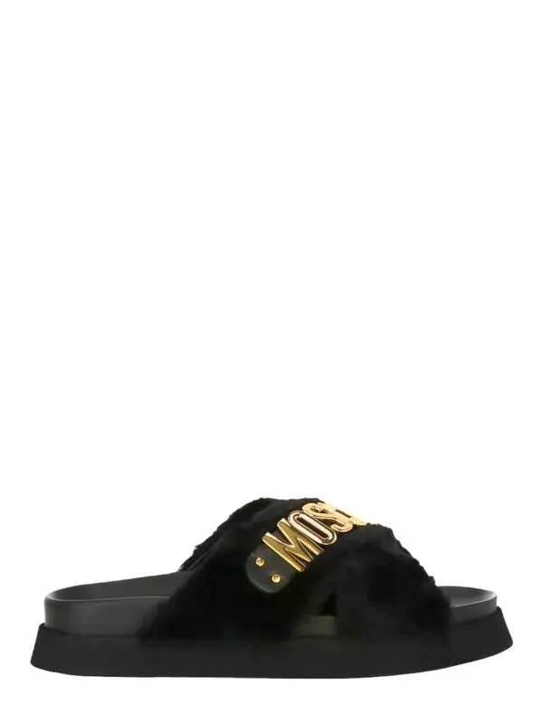 Moschino Logo Faux-fur Sandals - Black