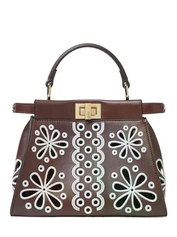 Fendi Mini Peekaboo Tote Bag With Floral Design - Brown