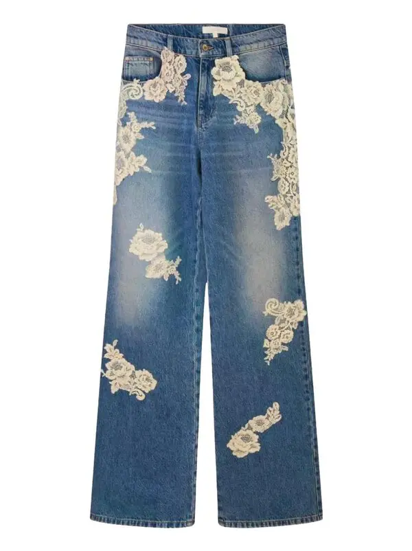 LoveShackFancy Lace Appliqué Floral Wide Leg Jeans - Blue