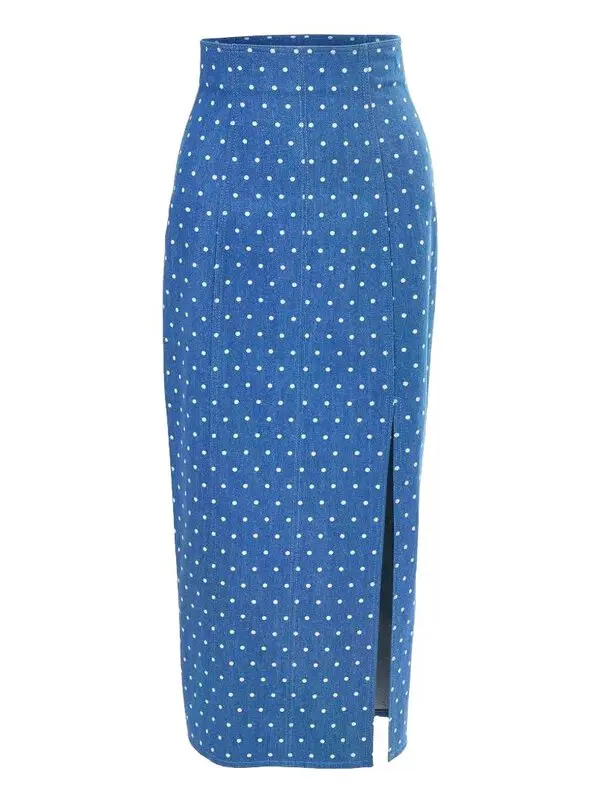 Carolina Herrera Polka-dot Denim Midi Skirt - Blue