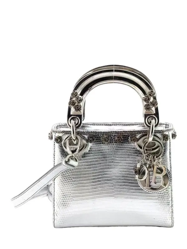 Dior Lady Bag Lizard With Metal Applique Mini Satchel - Silver