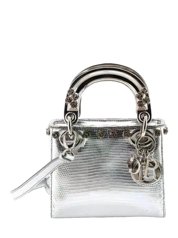 Dior Lady Bag Lizard With Metal Applique Mini Satchel - Silver