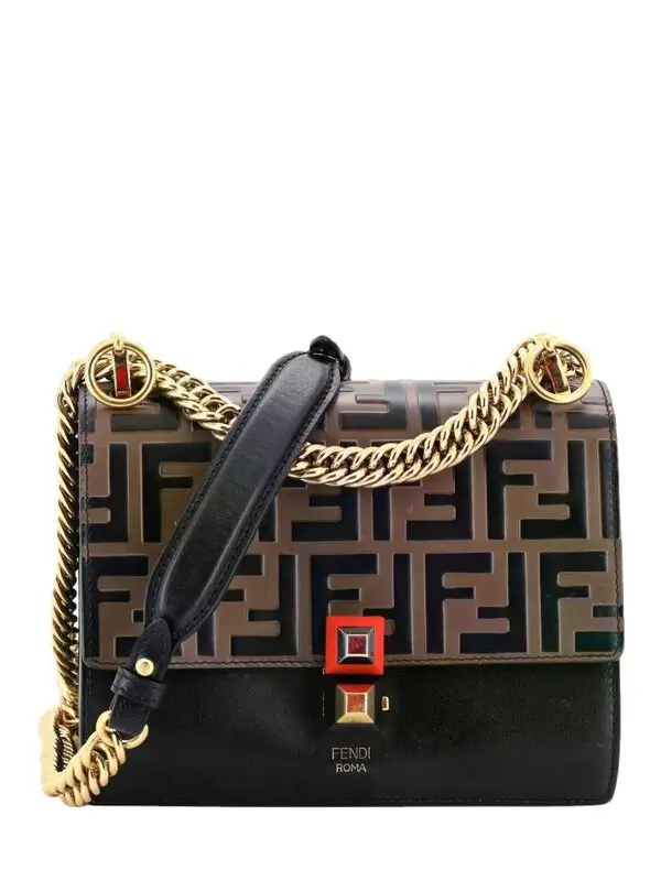 Fendi Kan I Embossed Zucca Leather Shoulder Bag - Black