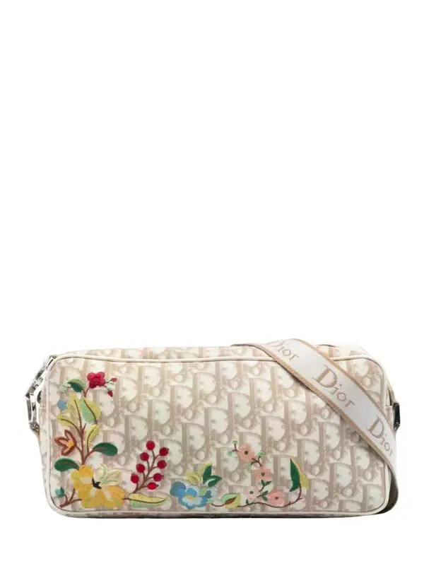 Dior 2005 Oblique Coated Canvas Floral Embroidered Crossbody Bag - Neutrals