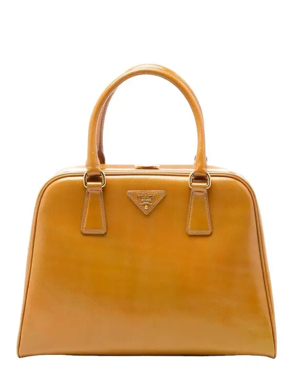 Prada Saffiano Vernice Pyramid Frame Handbag - Brown