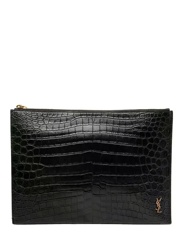 Saint Laurent Croc Embossed Monogram Zipped Tablet Holder - Black